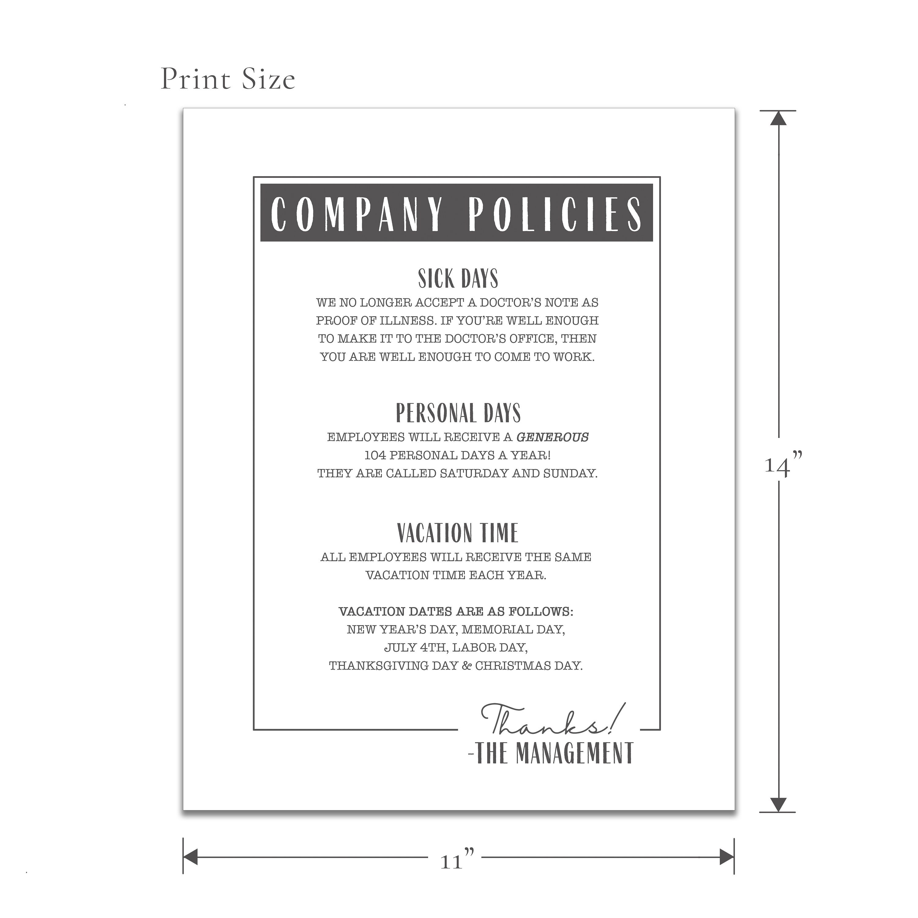 Company Policies - Hilarious Joke Office Sign - Unframed 11x14 Art ...