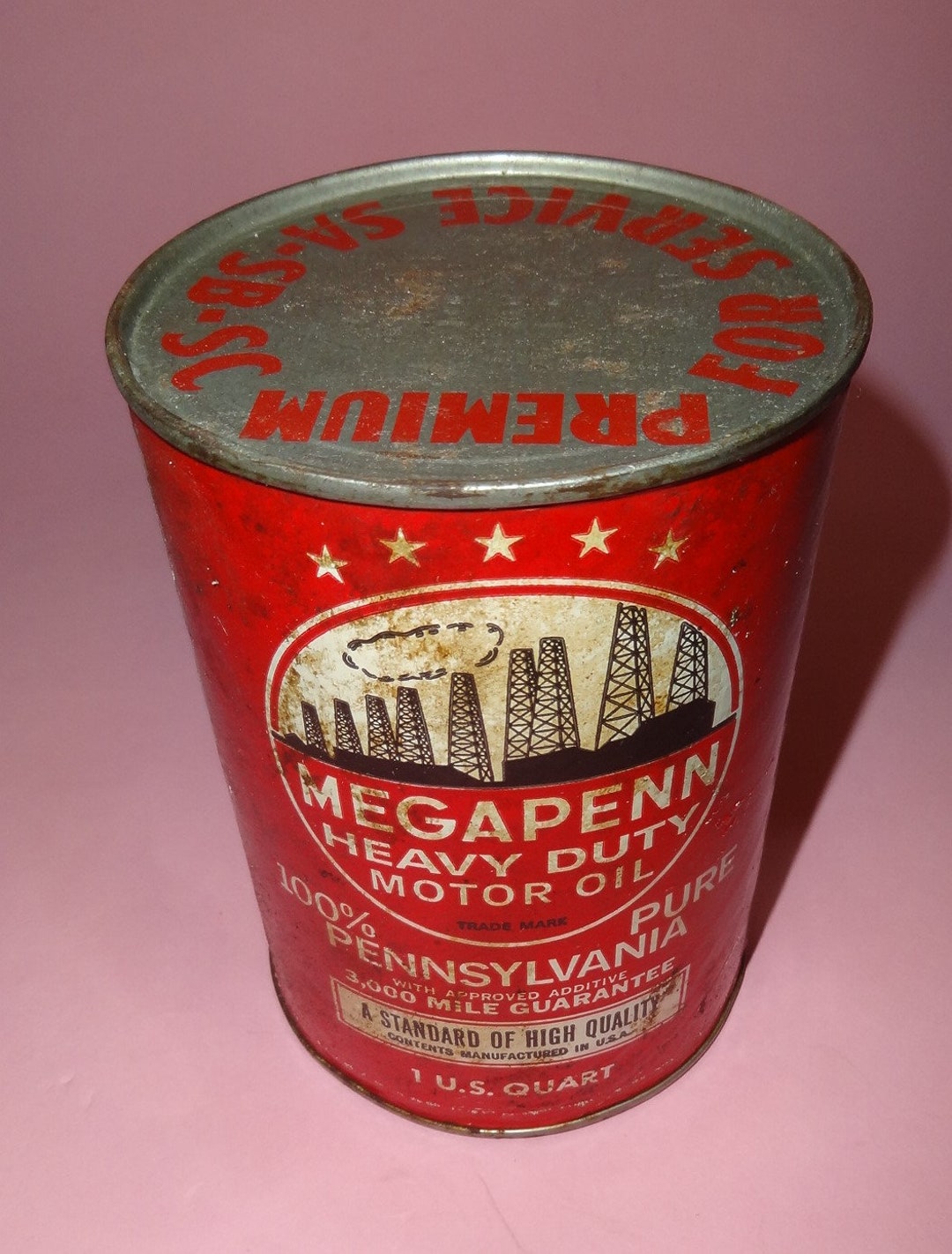 Vtg USA MEGAPENN HEAVY Duty Tin Metal Motor Oil Can, Old U S Automotive ...