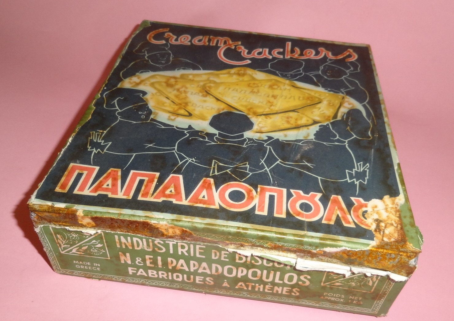 Vtg GREEK PAPADOPOULOU Cream Crackers Biscuits Tin Advertising Box 1960 ...