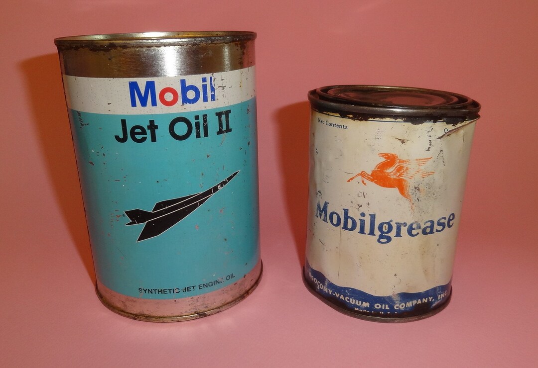 MOBIL Jet Oil & Mobilgrease 2 Fuel Oil Cans USA 1970's, Old US ...