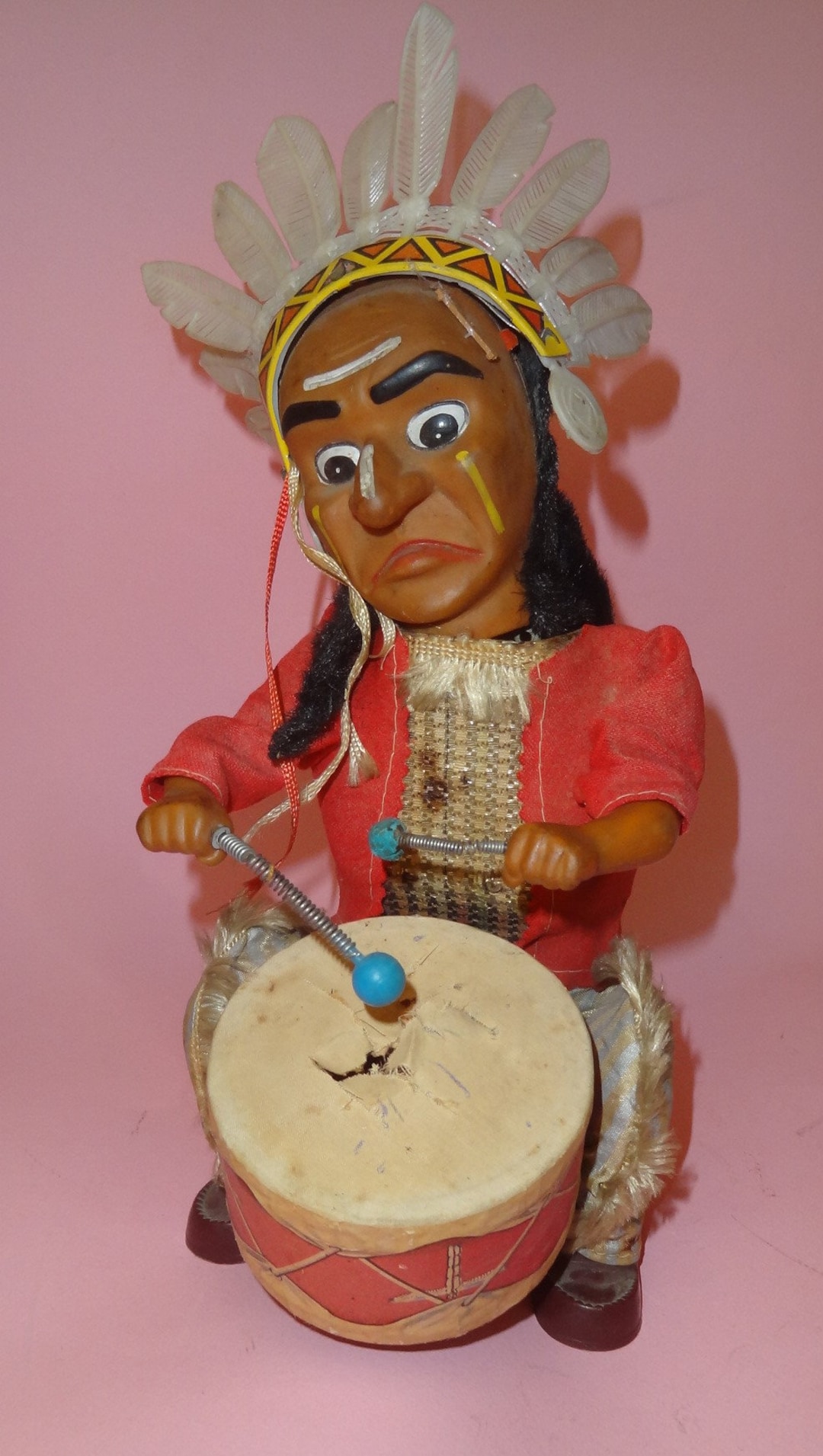 Vtg DRUMMING INDIAN JOE by Alps W/ Drums Tin Battery Op Toys Japan 1960 ...