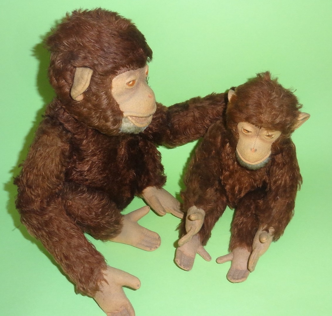 STEIFF JOCKO MONKEYS W/ Button Stuffed Plush Baby & Mum Monkey Germany ...