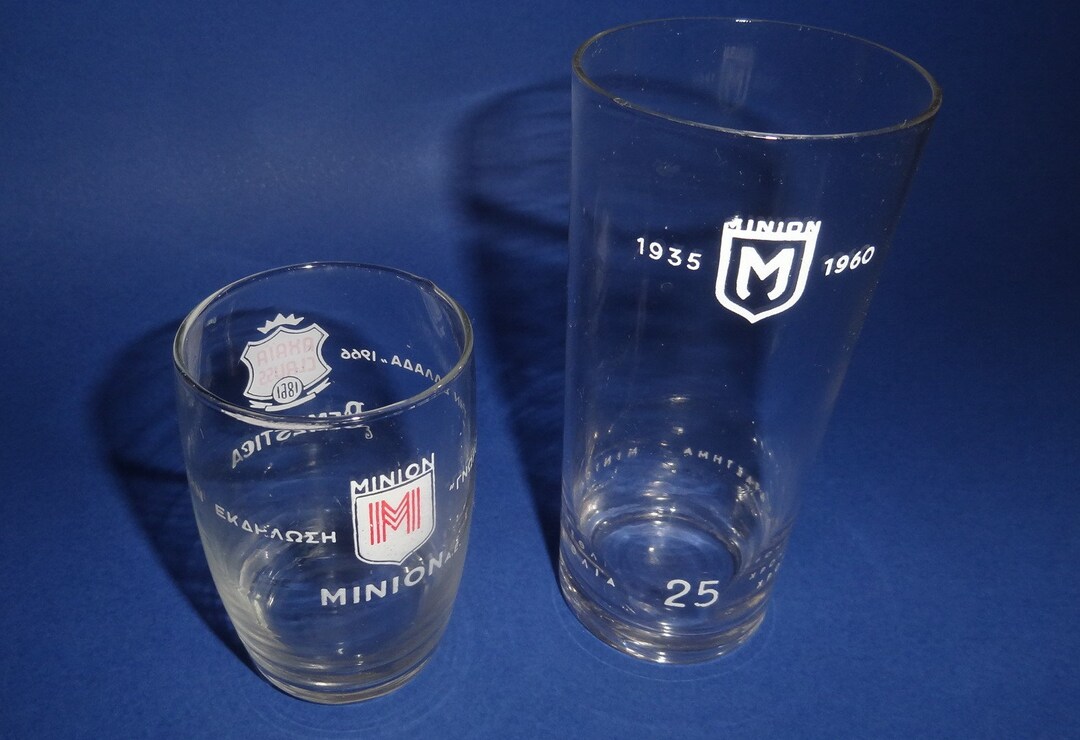 Vtg MINION & AHAIA CLAUSS 2 Glasses Greece 1960's, 2 Old Collectible ...