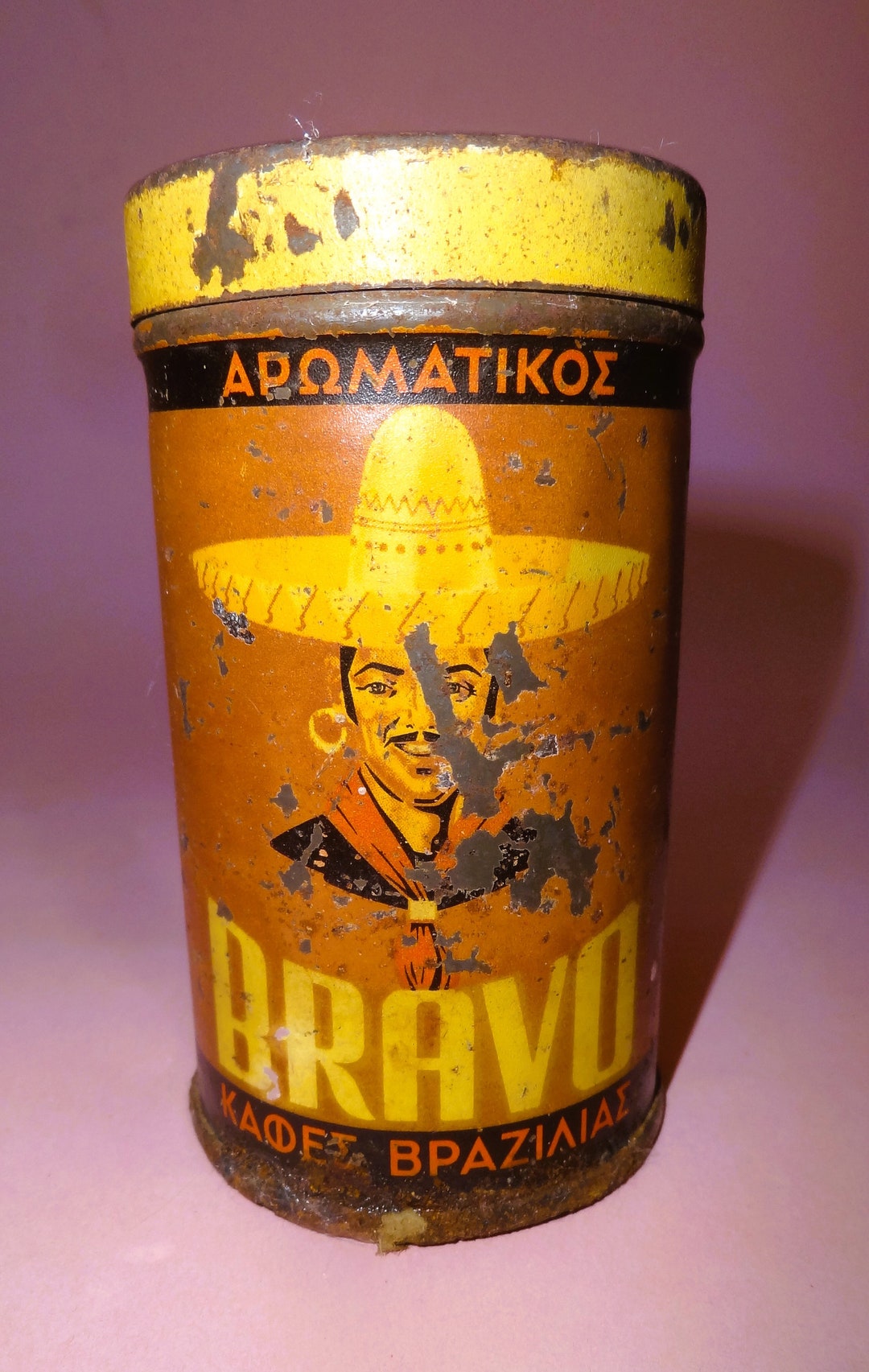 GREEK BRAVO COFFEE Tin Advertising Can Box 1950's, Greece Bravo Cafe ...