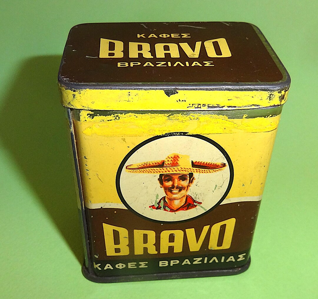 BRAVO COFFEE TIN Can Greece 1960's, Old Greek Advertising Cafe Coffee ...