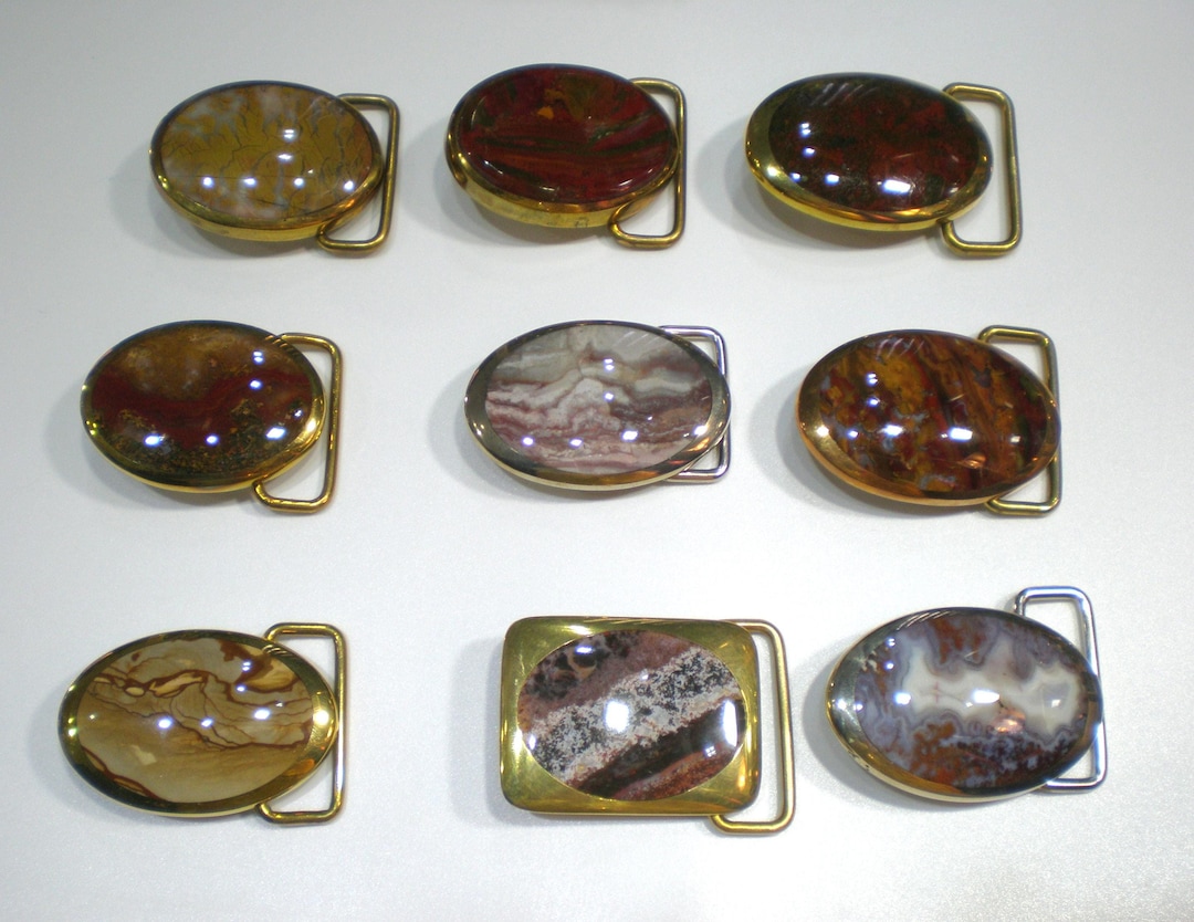 Handmade Brass and Gemstone Belt Buckles Agate, Jasper and Petrified ...