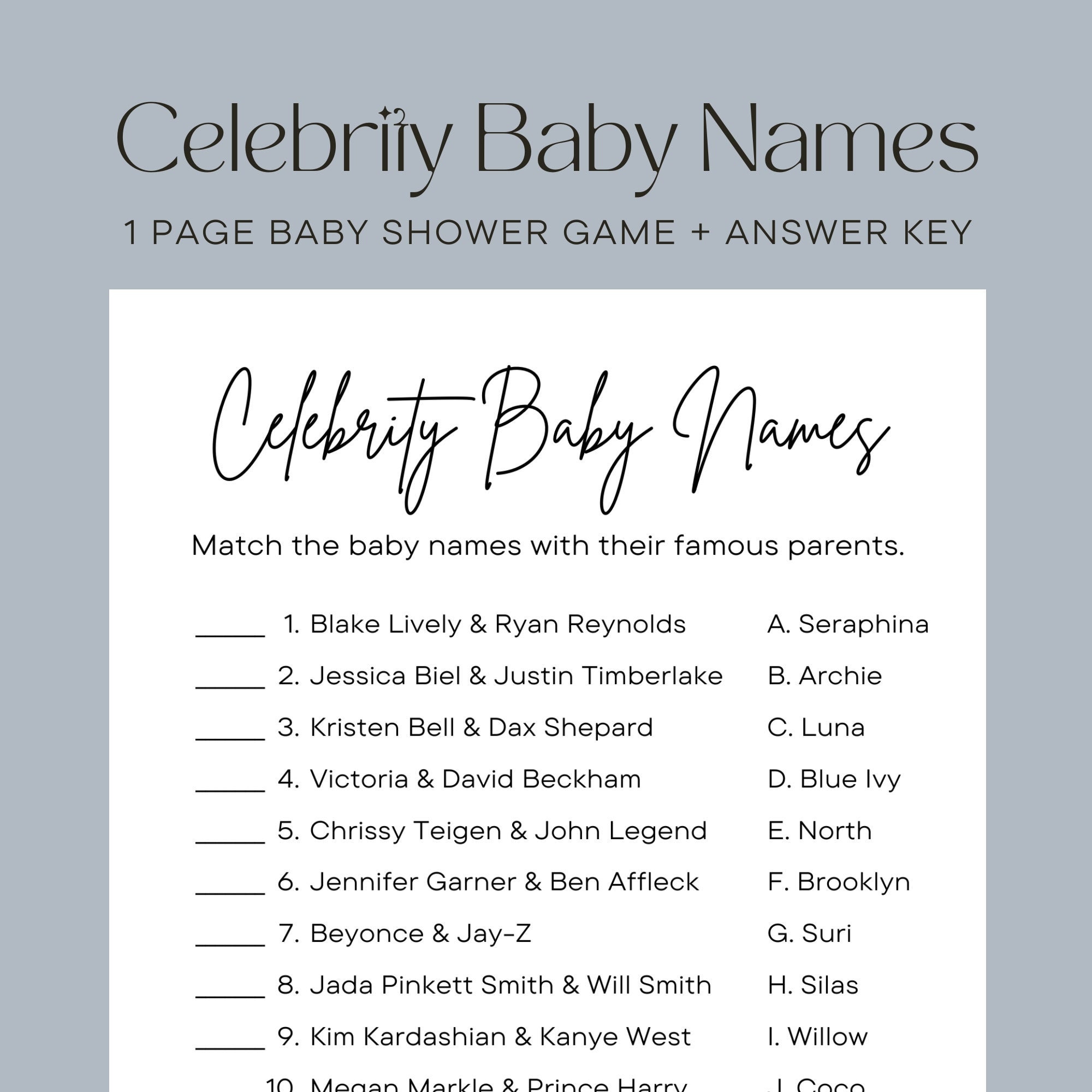 Celebrity Baby Name Matching Game, Baby Shower Games Printables, Baby ...
