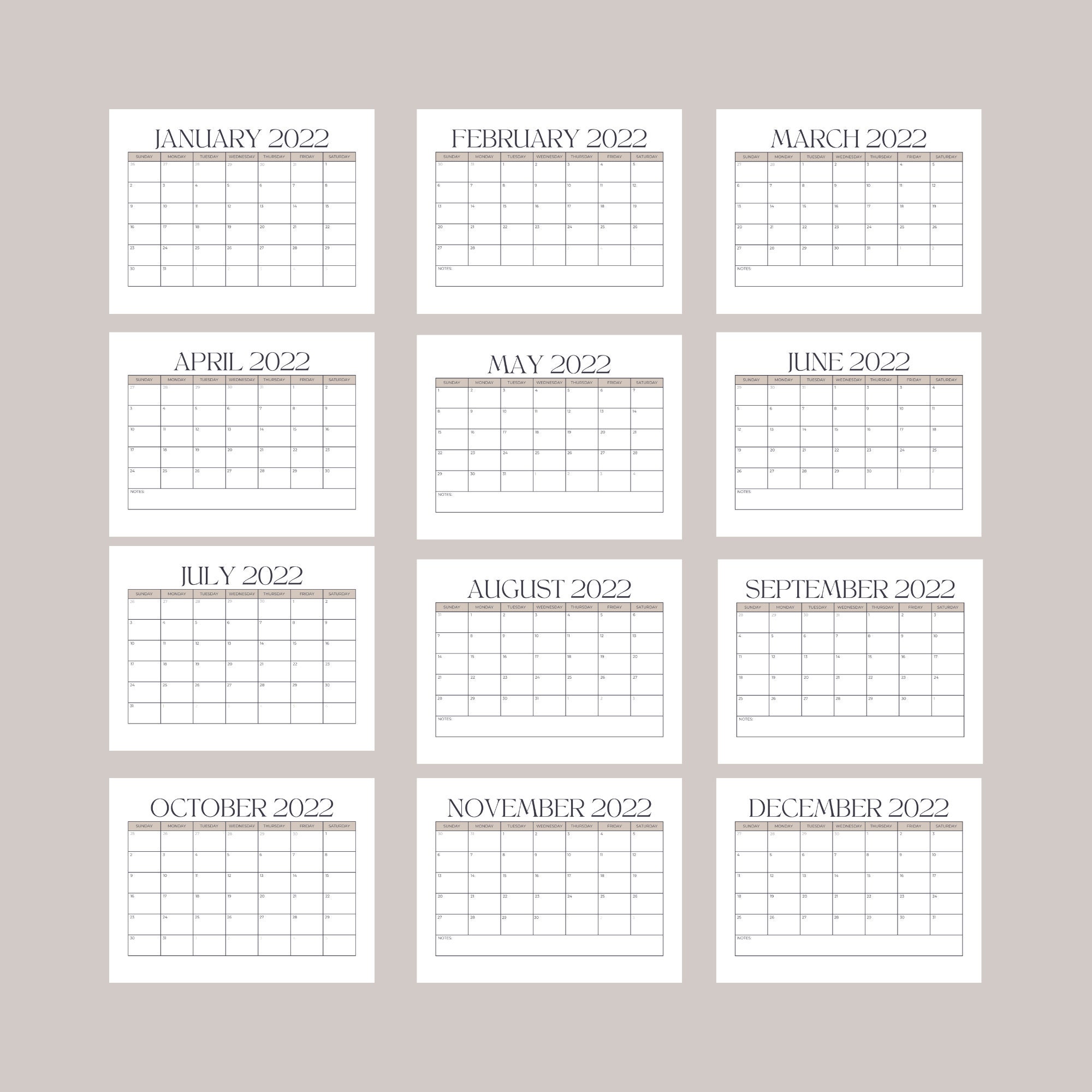 2022 Monthly Printable Calendar - Etsy