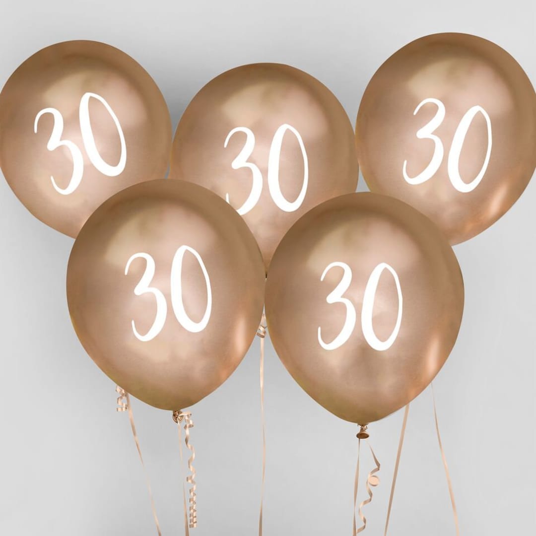 5 Gold 30th Birthday Balloons, Thirtieth Birthday Balloons, Birthday ...