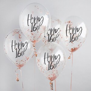 5 Rose Gold Happy 16th Confetti Balloons, Sixteenth Birthday Balloons ...