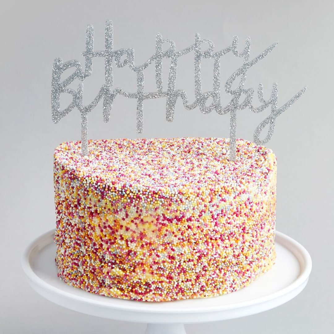 Silver Glitter Happy Birthday Cake Topper, Silver Glitter Birthday Cake ...