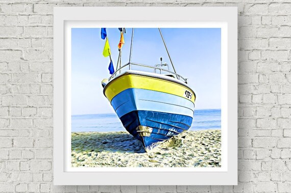 Coastal Fishing Boat Blue and Yellow Square Digital Art Print | Etsy