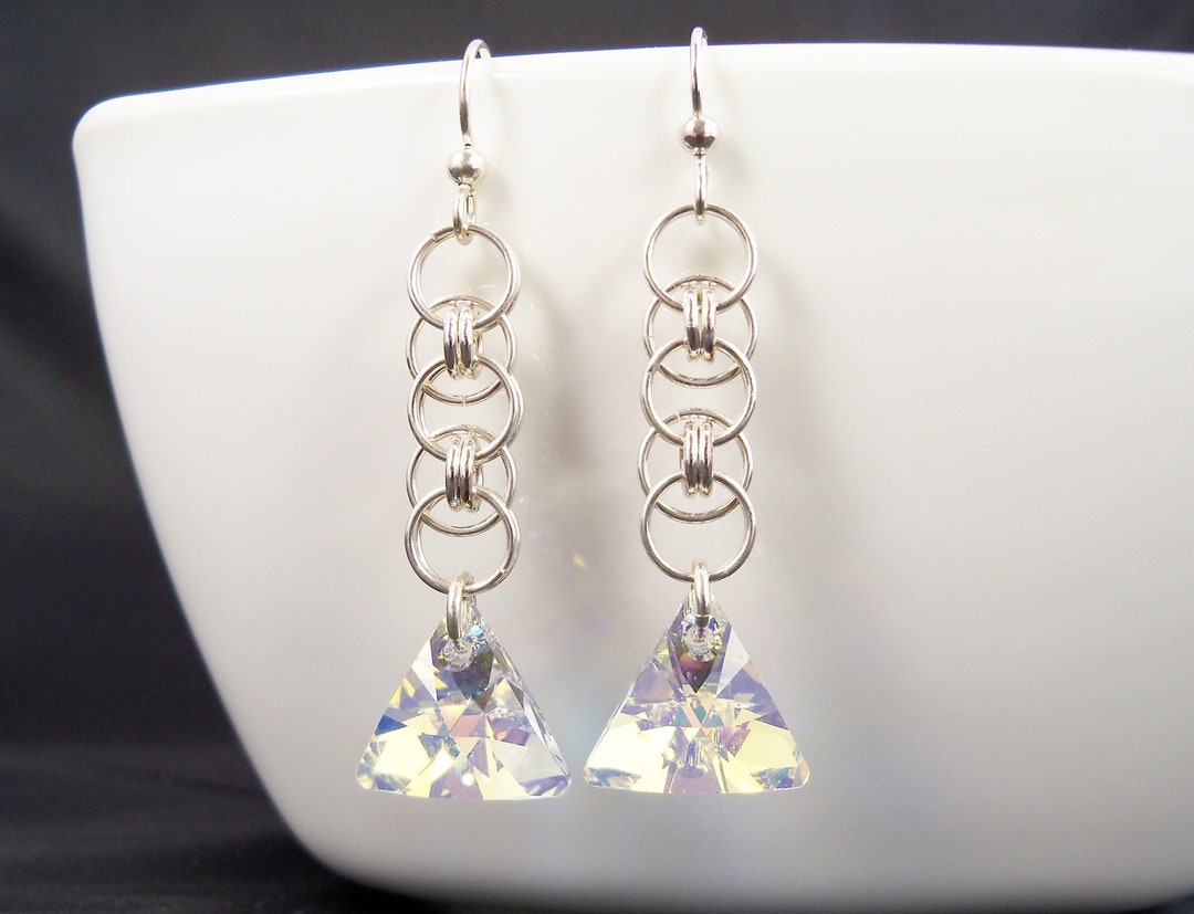 Triangle Crystal Long Earrings, Sterling Silver Chainmaille Jewelry ...