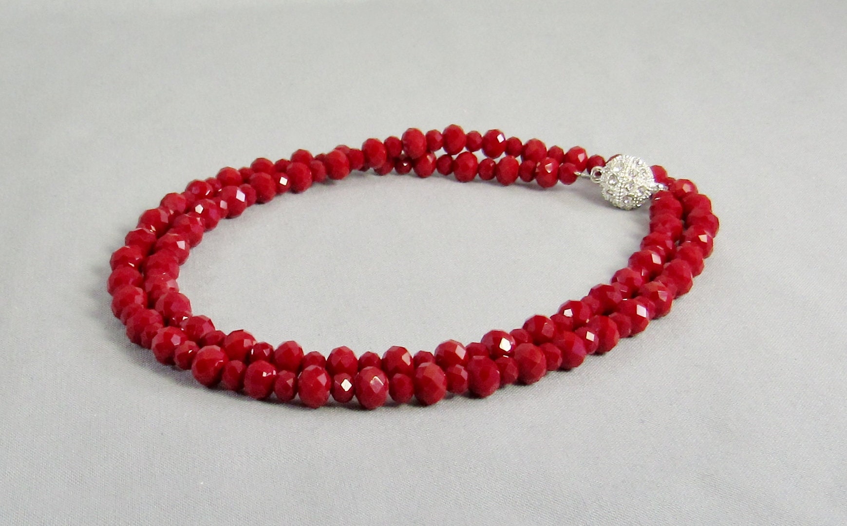 Long Red Crystal Bead Necklace With Magnetic Clasp, Disability Friendly ...