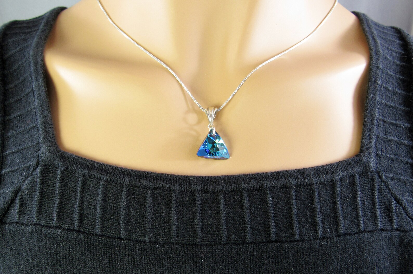 Bermuda Blue Crystal Triangle Prism Pendant - Sterling Silver Bail ...