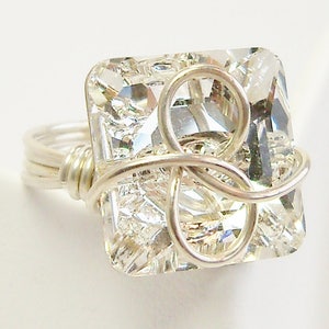 Square Crystal Ring With Sterling Silver Wire Wrapping, Geometric Clear ...