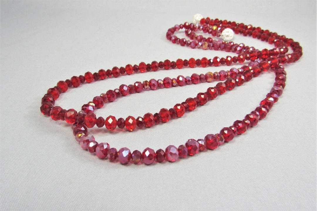 Translucent Red Crystal Bead Necklace With Magnetic Clasp, 30 Inch Long ...
