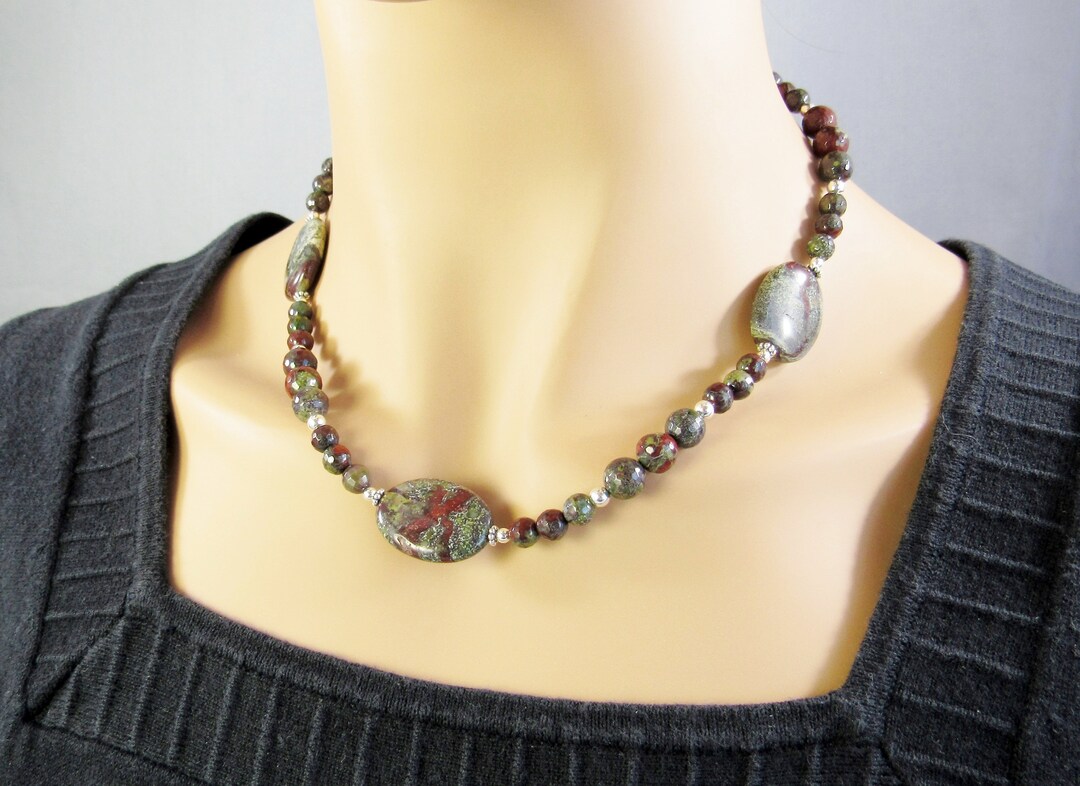 Dragon Blood Jasper Bead Necklace Sterling Silver, Moss Green ...