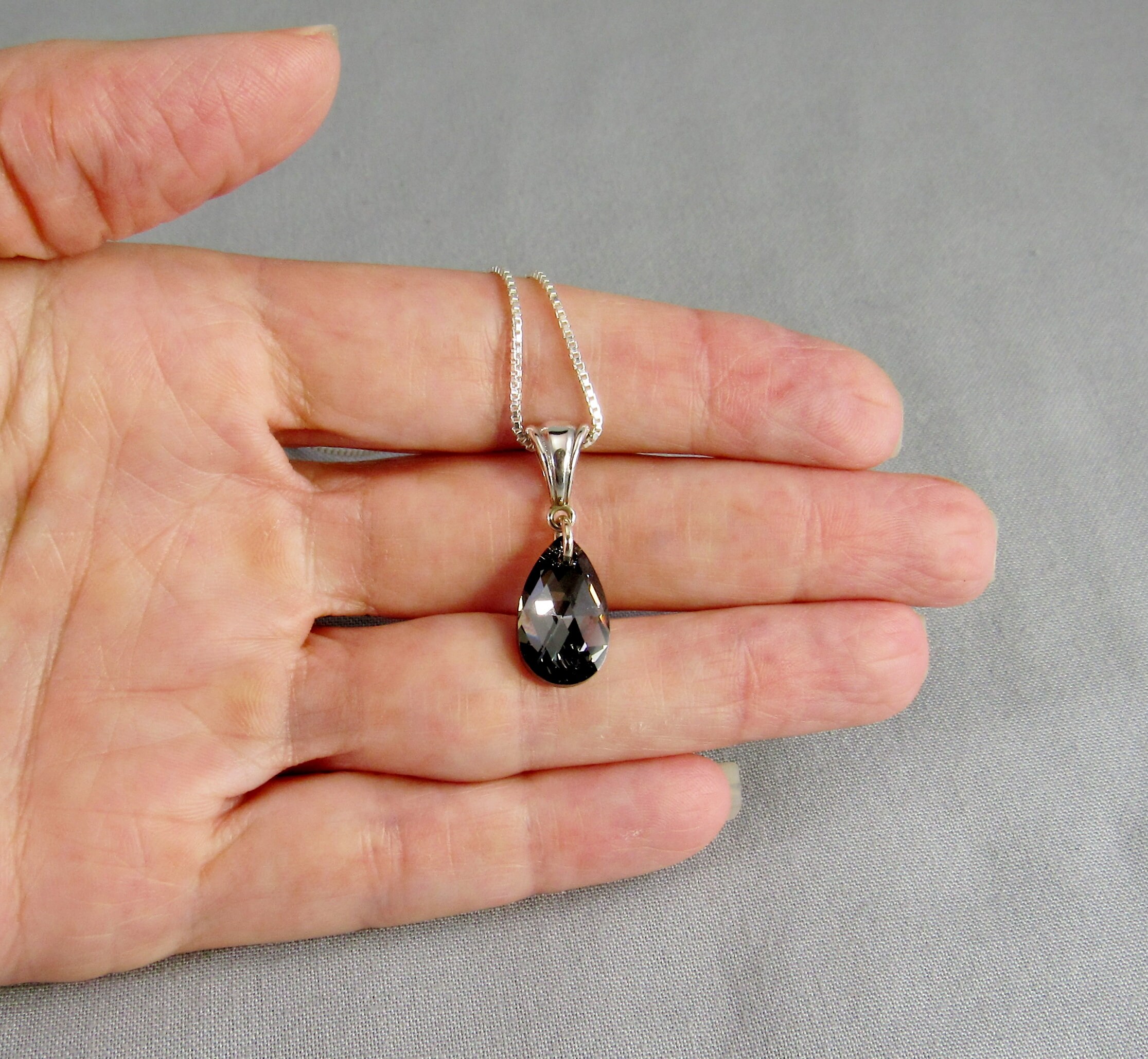 Small Gray Black Crystal Teardrop Pendant Sterling Silver | Etsy