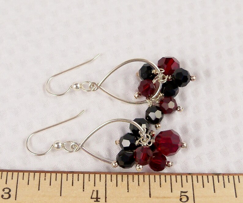 Red and Black Earrings - Crystal Cluster on Sterling Silver Oval Hoops ...