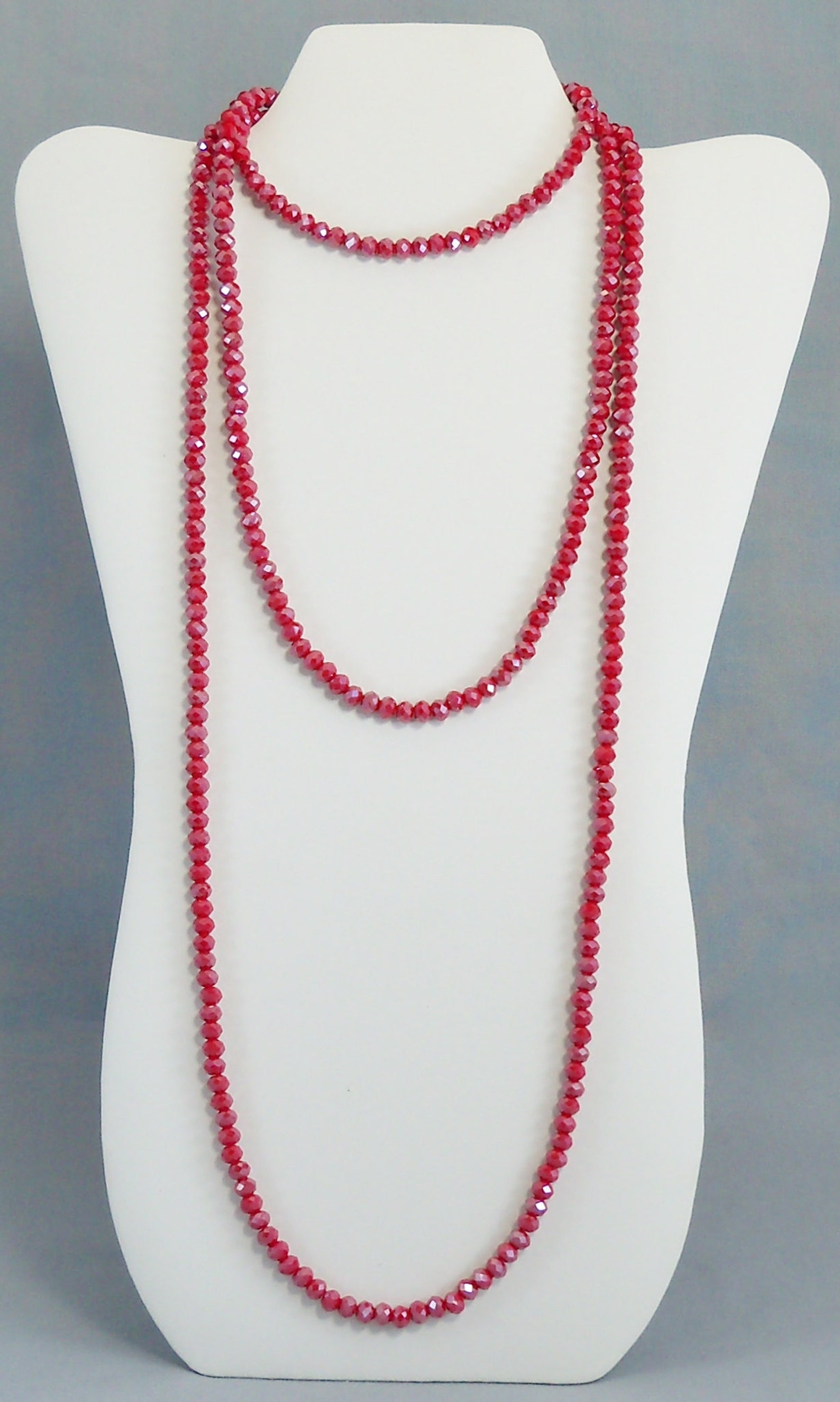 Long Red Crystal Bead Necklace, Double or Triple Wrap Small Bead ...