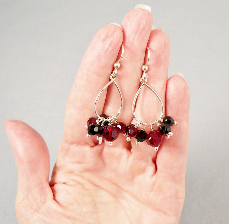 Red and Black Earrings - Crystal Cluster on Sterling Silver Oval Hoops ...