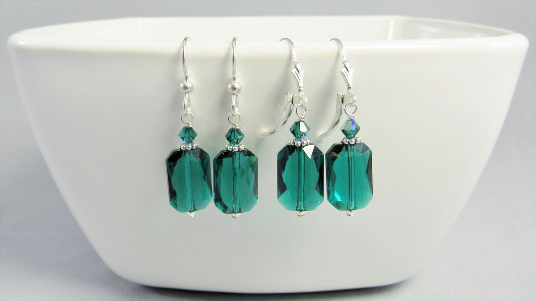 Emerald Green Crystal Rectangle Dangle Earrings Sterling - Etsy