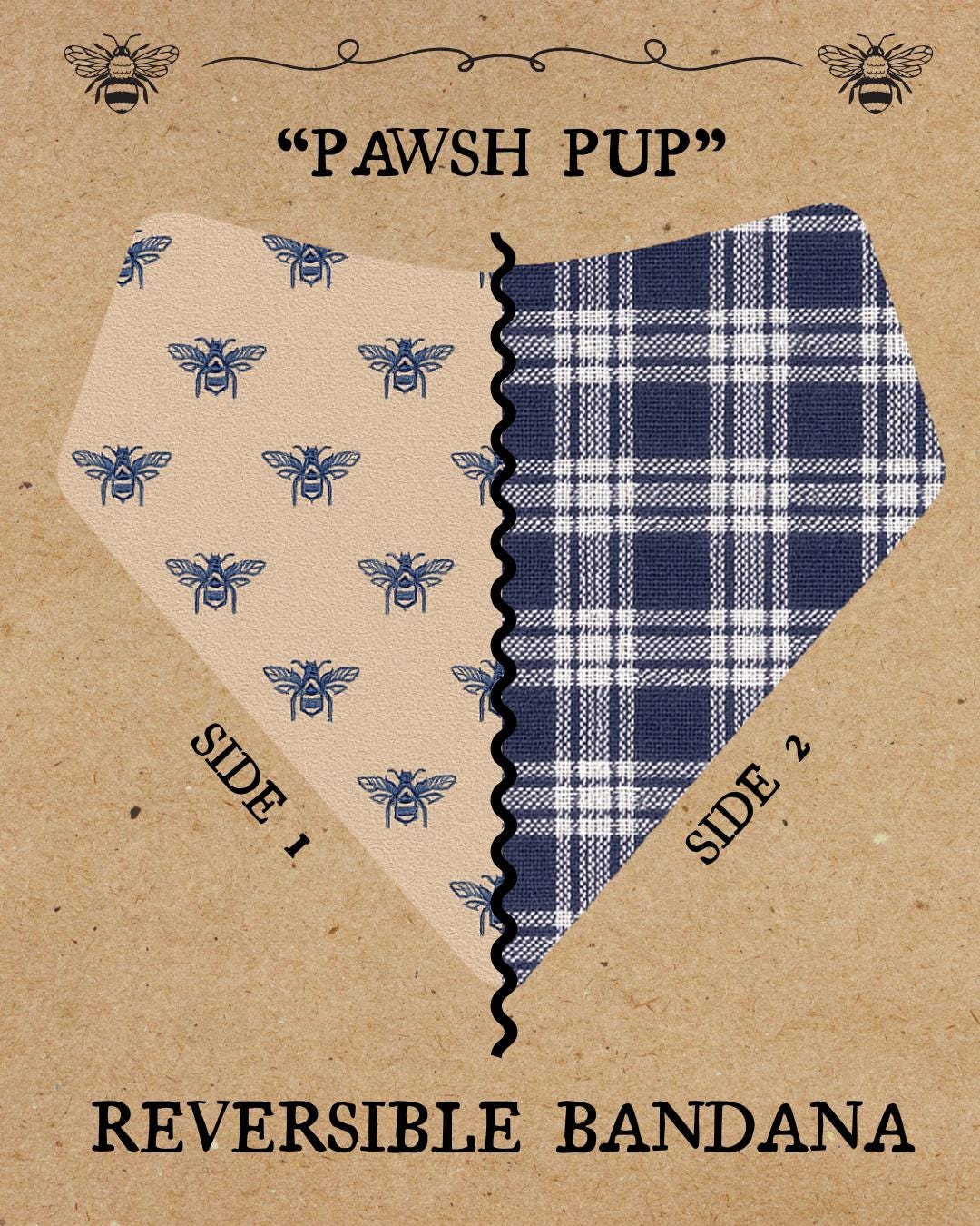Pawsh Pup | Navy Bees on Tan Background + Navy Plaid | Reversible and ...