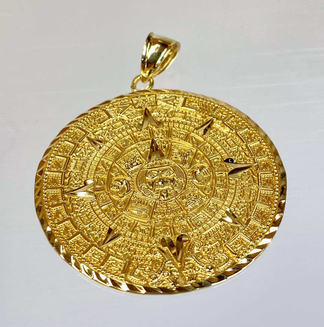 Solid 10K Yellow Gold 38mm Round Aztec Mayan Sun Calendar Pendant ...