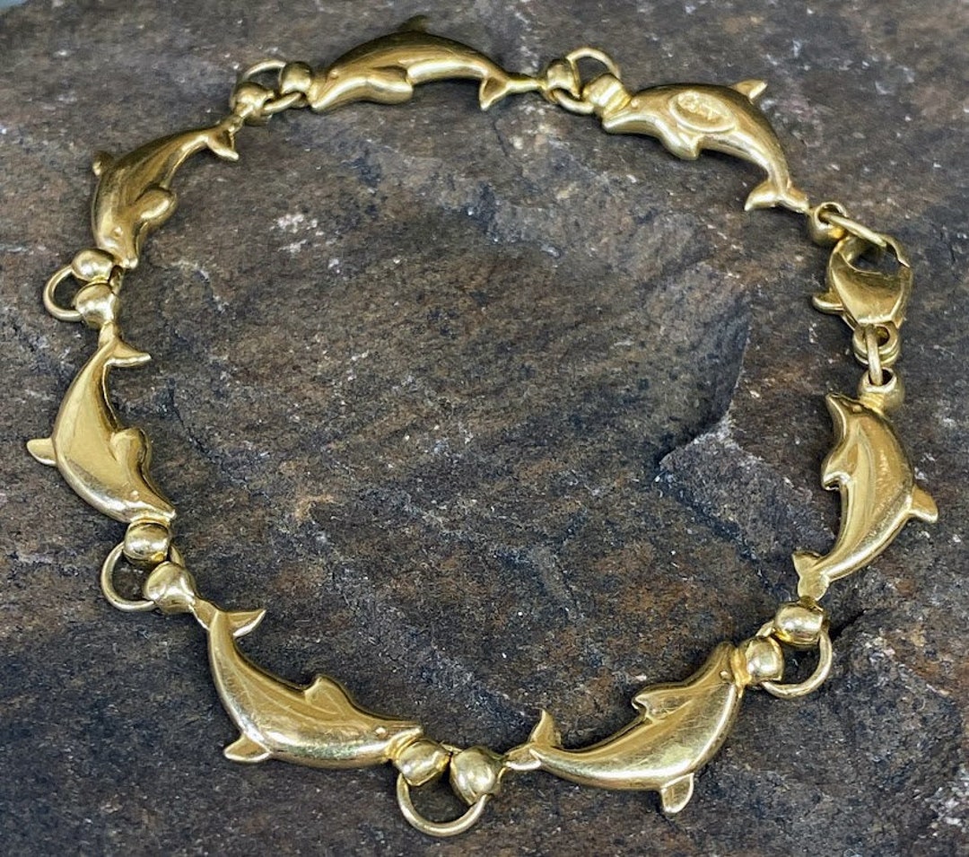 14K Yellow Gold Dolphin Link Chain Bracelet 6.5" W/ Lobster Clasp 6.5g ...
