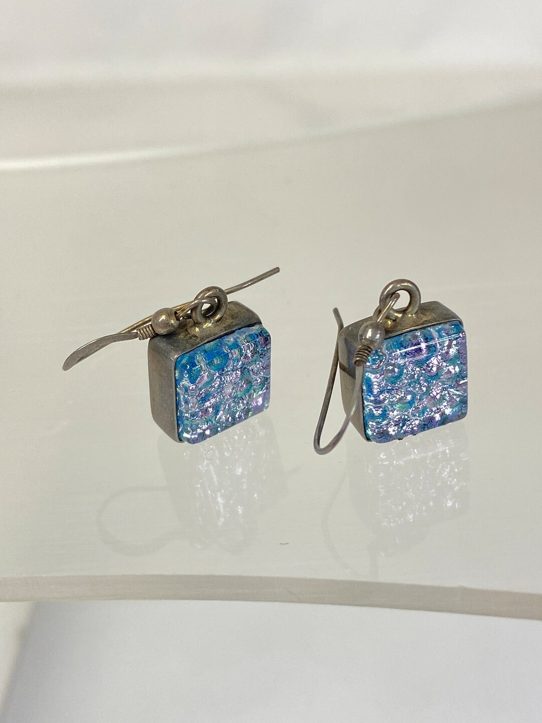Vintage Sterling Silver Sparkling 1" Blue Bubble Crystal Cube Dang ...