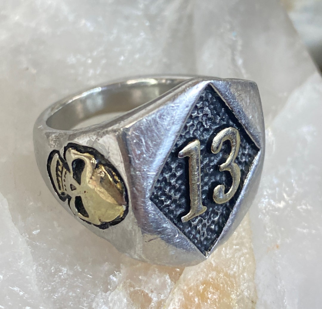 Sterling Silver Gothic Biker Skull Number 13 Punk Signet Mens Ring Size ...