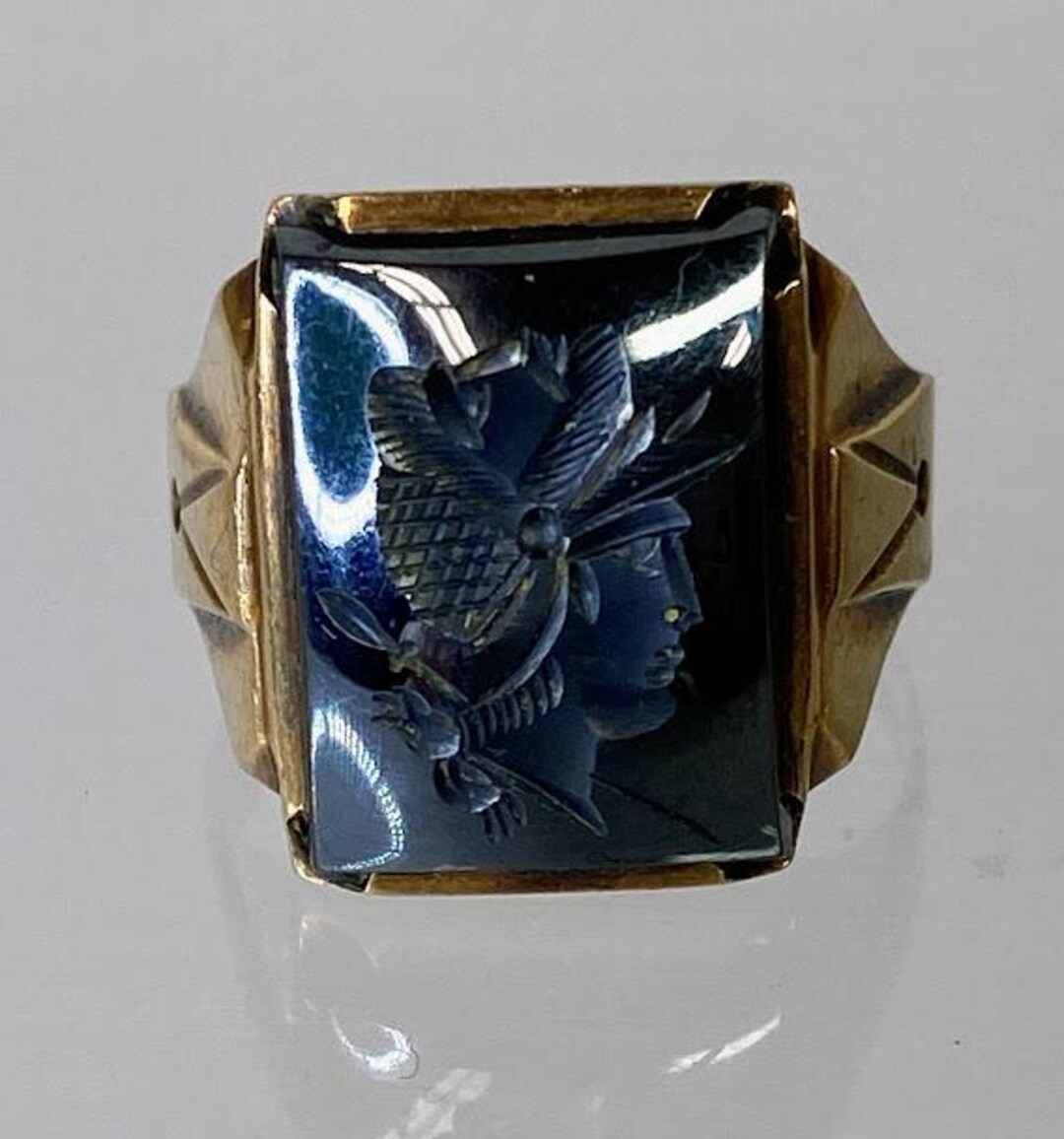 1940s 10K Yellow Gold Hematite Intaglio Roman Warrior Signet Ring Mens ...