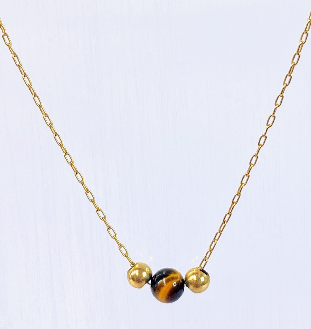 14K Yellow Gold Minimalist Simple Tigers Eye Gold Bead Chain Choker ...