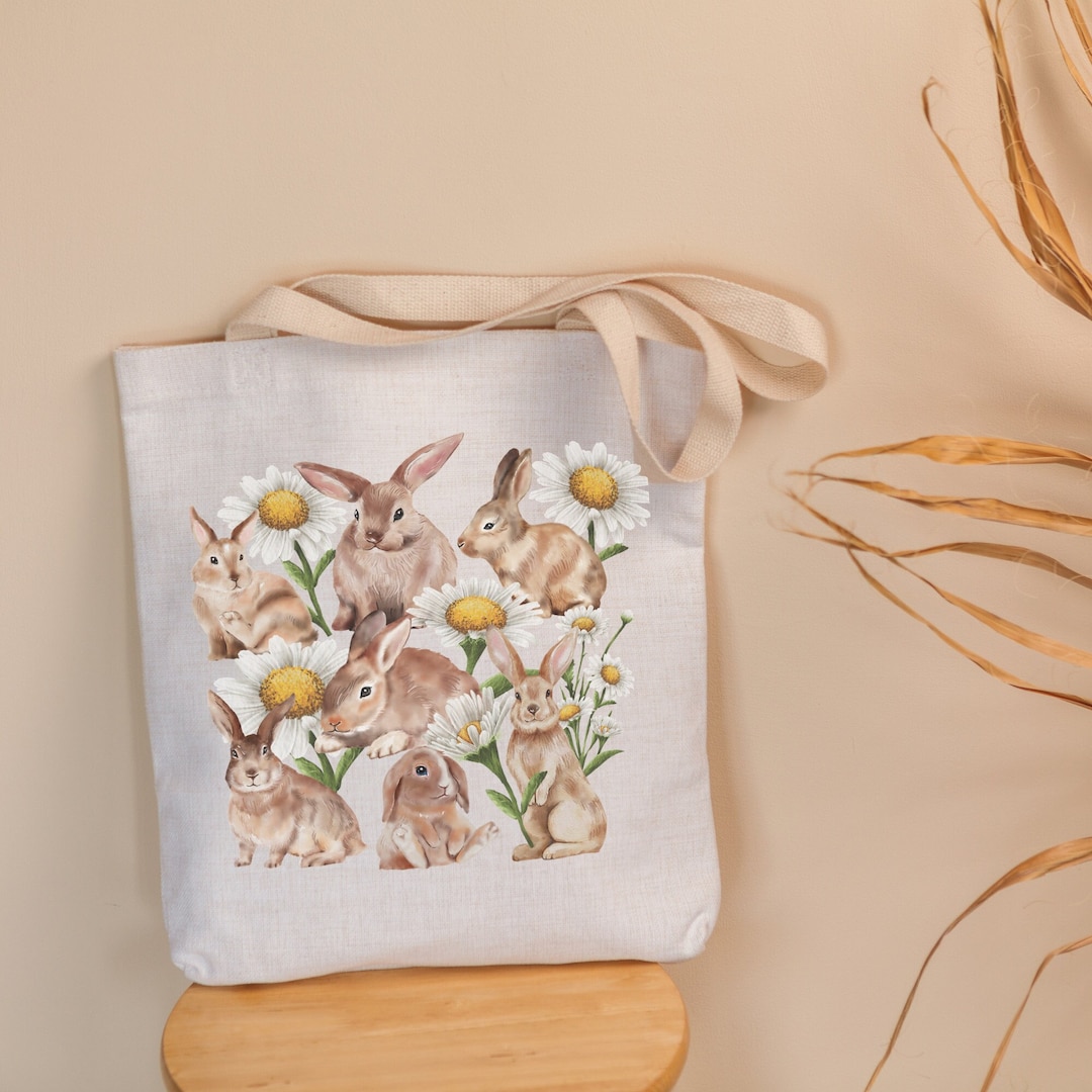 Vintage Rabbit and Daisy Tote, Floral Rabbit Tote, Year of the Rabbit ...