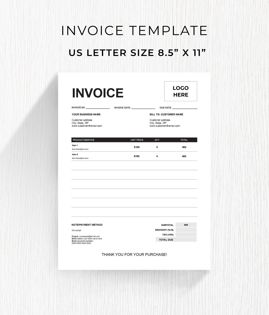 Invoice Template PDF. Business Invoice. Editable Invoice. Printable ...