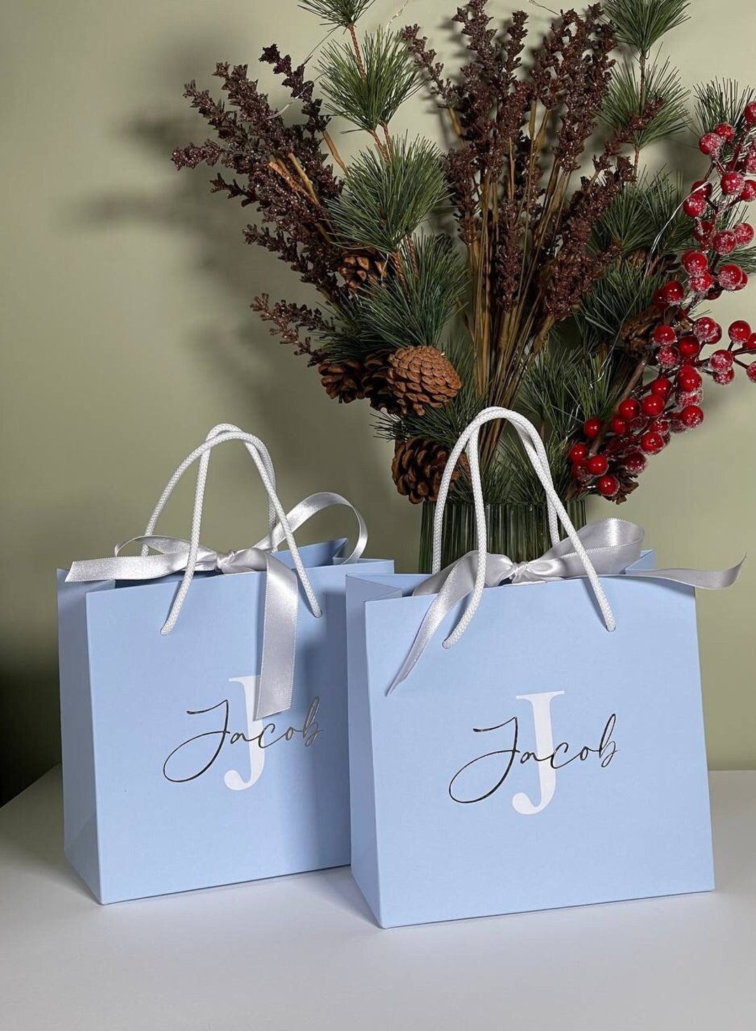 Custom Baby Blue Packaging Bag With Gold Logo Blush Blue Gift Bag With ...