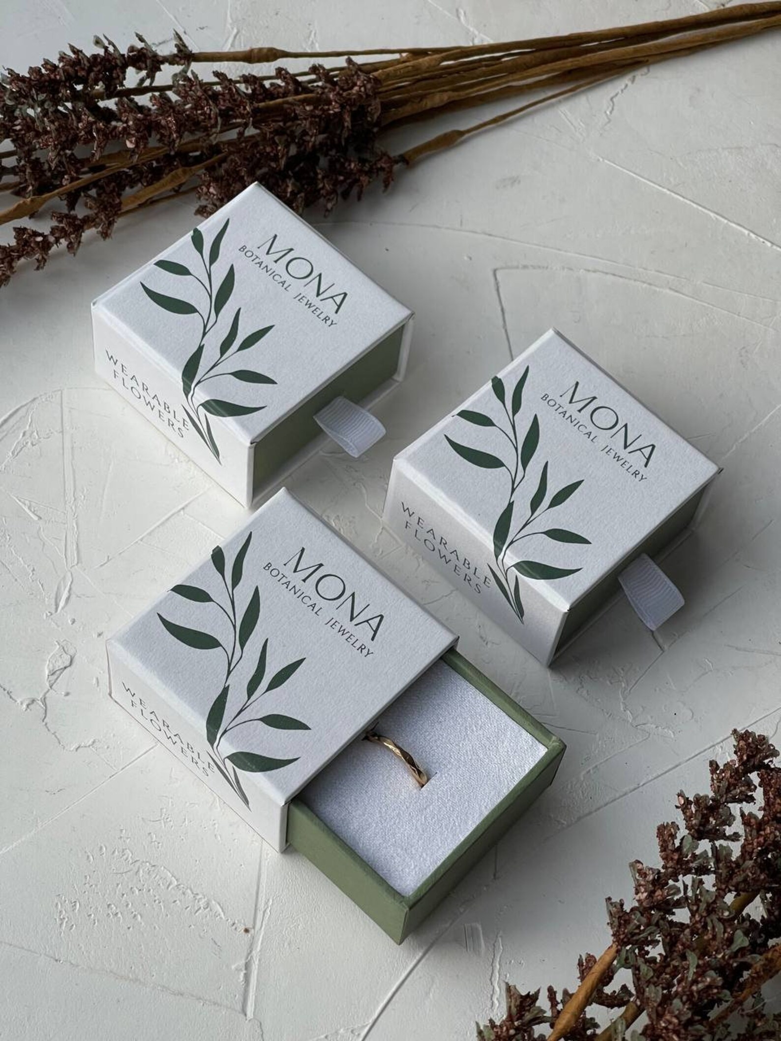 Tiny White Olive Green Ring Box With Custom Print Logo, Rigid Jewelry ...