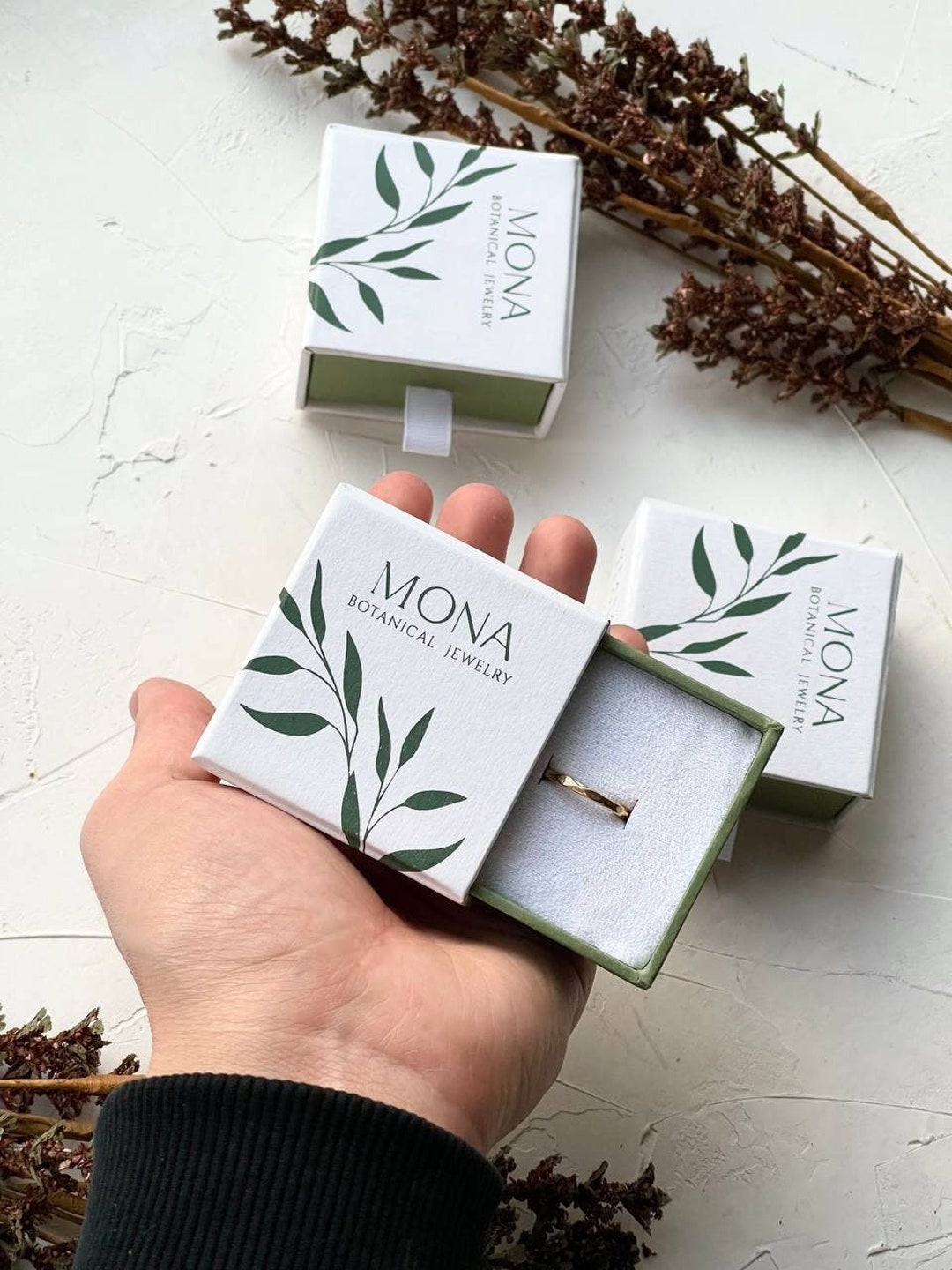 Tiny White Olive Green Ring Box With Custom Print Logo, Rigid Jewelry ...