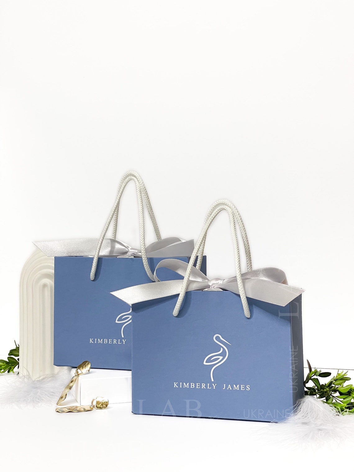 Dusty Blue Gift Paper Bag With White Satin Bow, Jewelry Shopping Bag ...