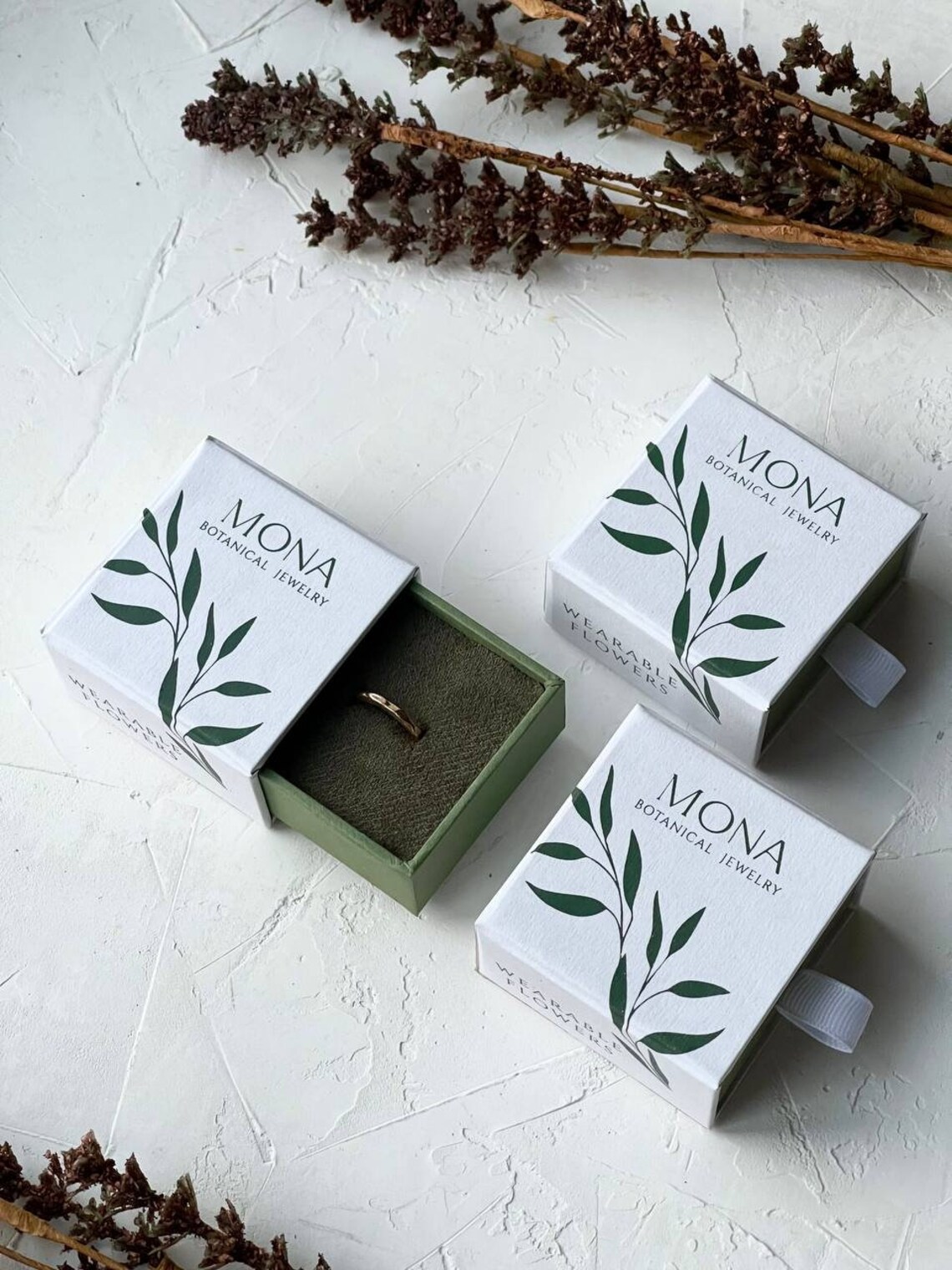 Tiny White Olive Green Ring Box With Custom Print Logo, Rigid Jewelry ...