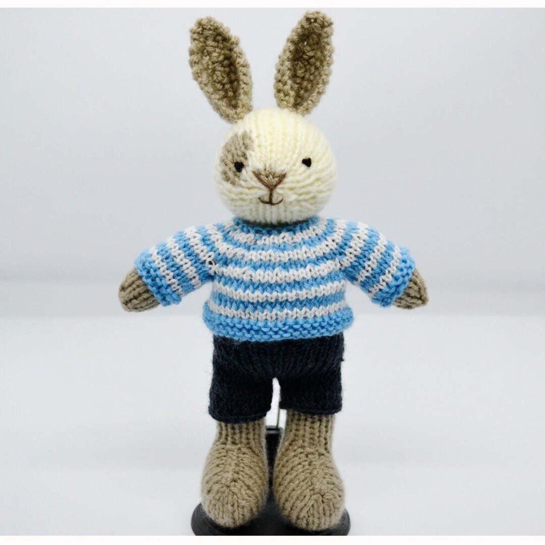 Small Hand Knit Bunny Boy in Outfit, Knitted Rabbit Soft Toy in Striped ...