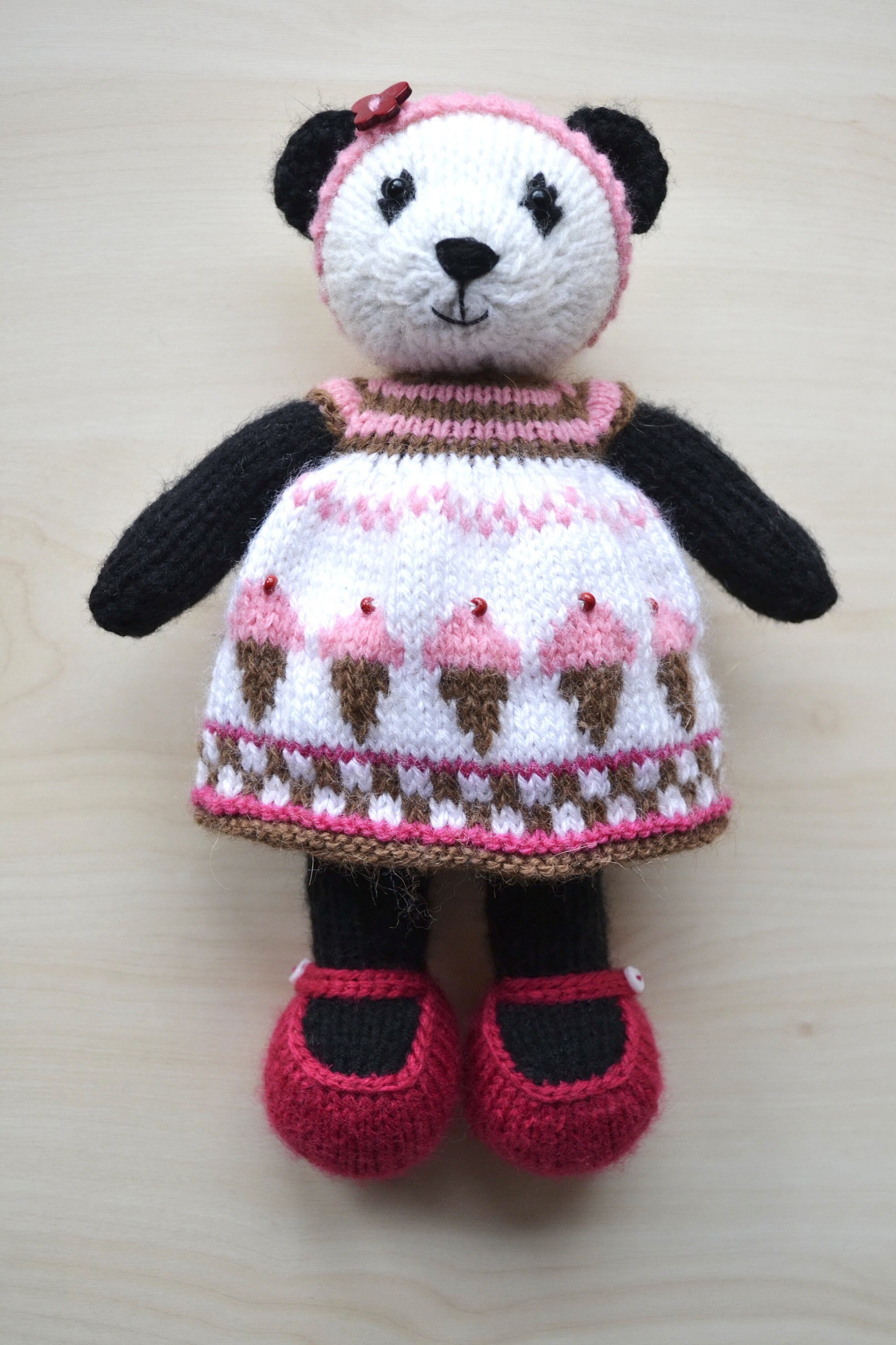 Knitted Panda Bear Girl in Ice Cream Cone Dress, Hand Knit Clothed ...
