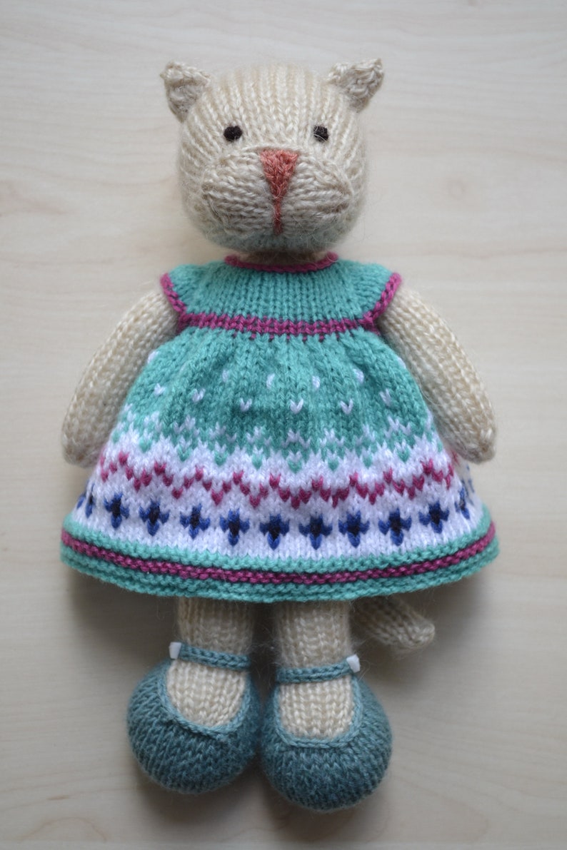 Hand Knit Cat Girl Soft Toy Knitted Cat Doll in Blue Dress Cute Stuffed ...