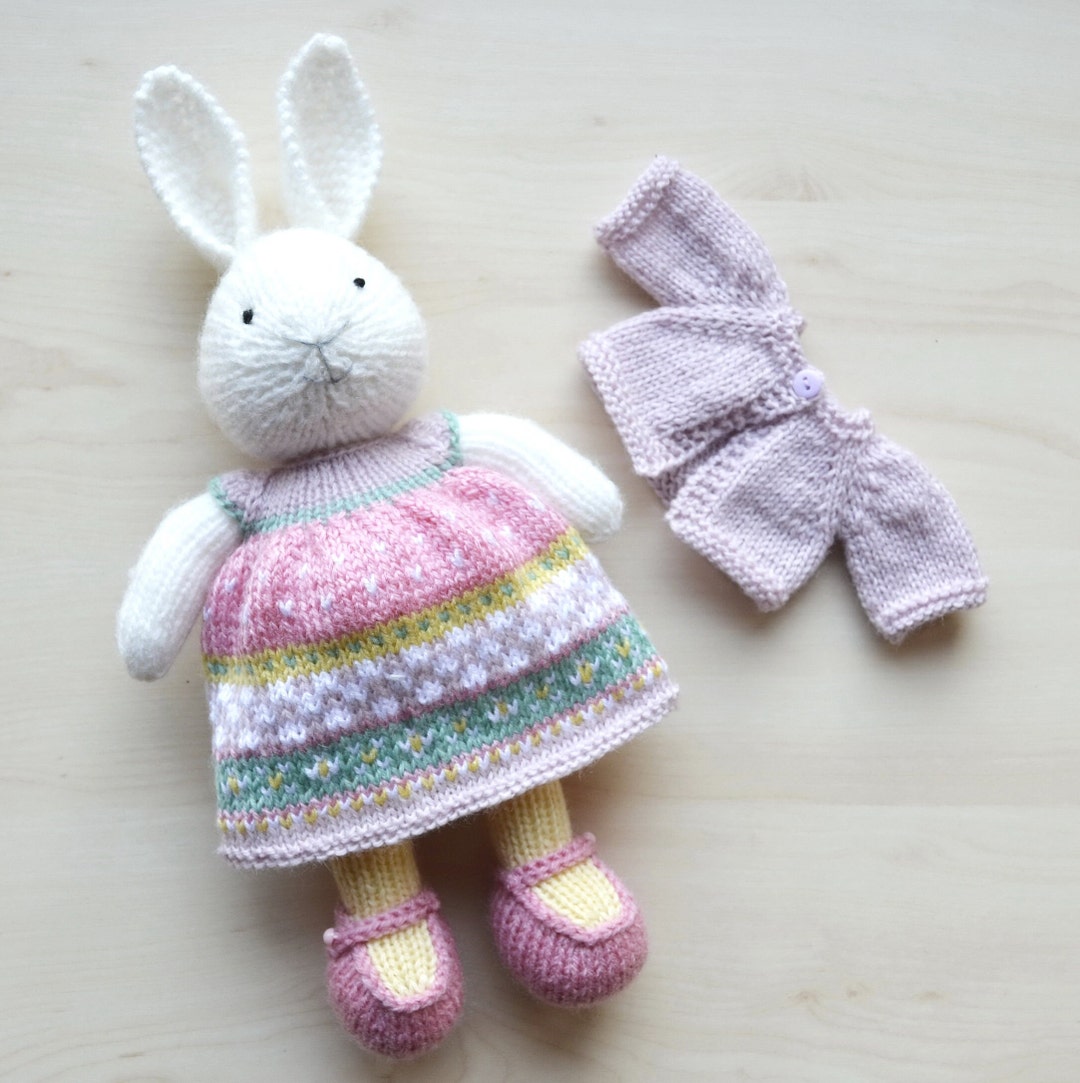 Hand Knit Bunny Girl in Spring Pastel Colours Dress and Cardigan, Cute ...