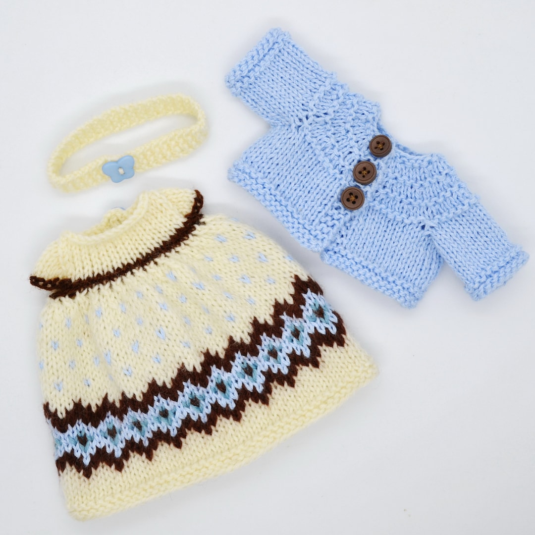 Knitted Doll Cream Fair Isle Dress Blue Cardigan and Headband, 12 Inch ...