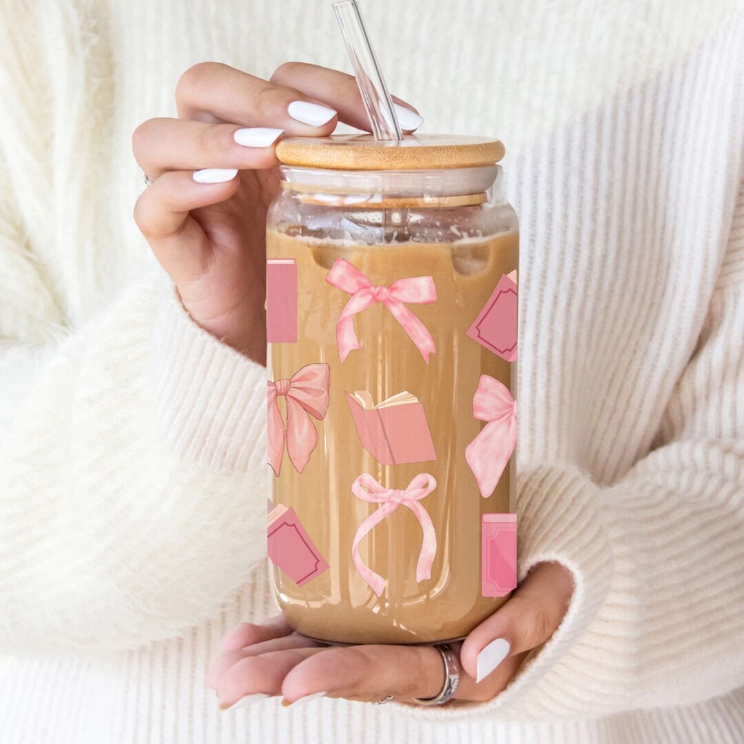 Bookish Glass Tumbler Iced Coffee Libby Glass Coquette Pink Bow Soda ...