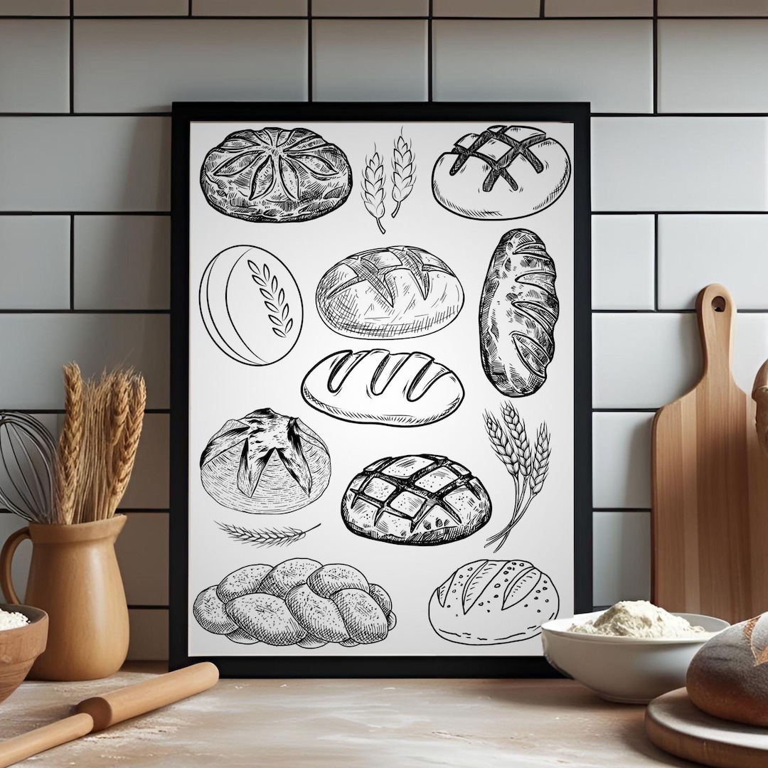 Sourdough Bread Art Print Rustic Kitchen Wall Decor Hand-drawn Baking ...