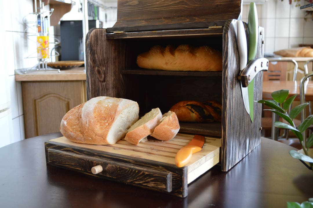 Beautiful Wooden Bread Box With Magnetic Knife Holder and Crumb ...