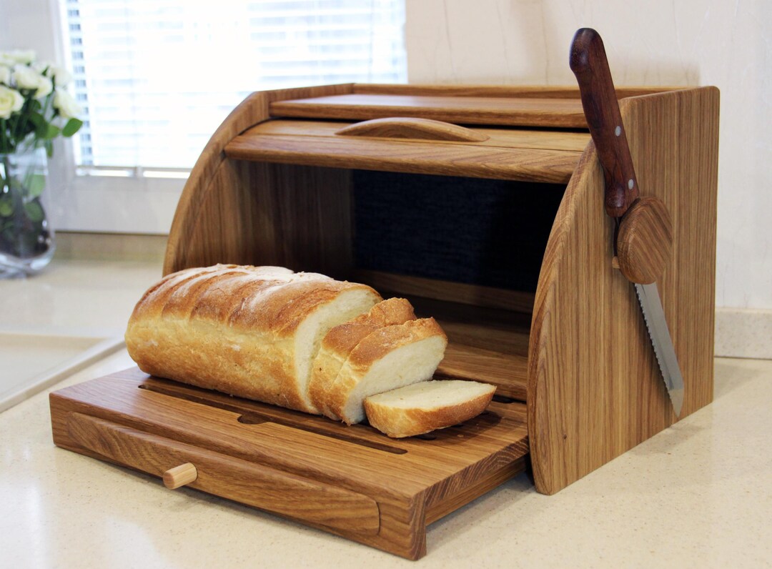 Functional Oak Wood Bread Box With Cutting Board and Magnetic Knife ...